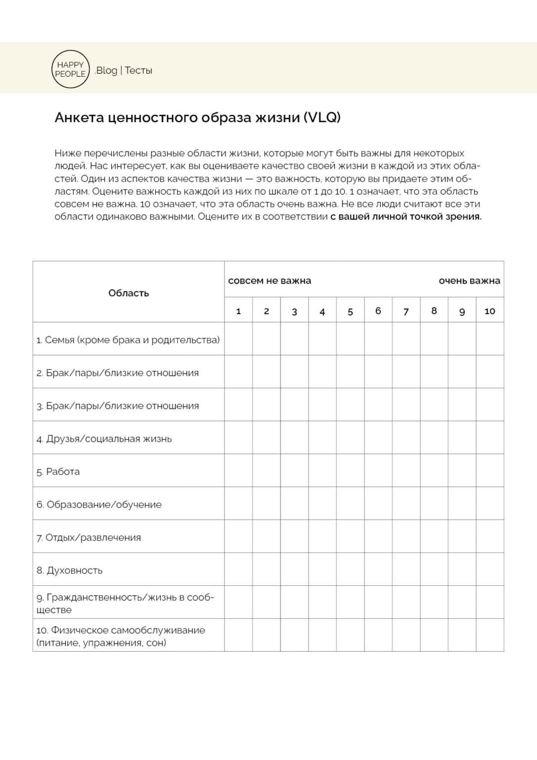 Тест на жизненные ценности (VLQ) | HappyPeople.Blog